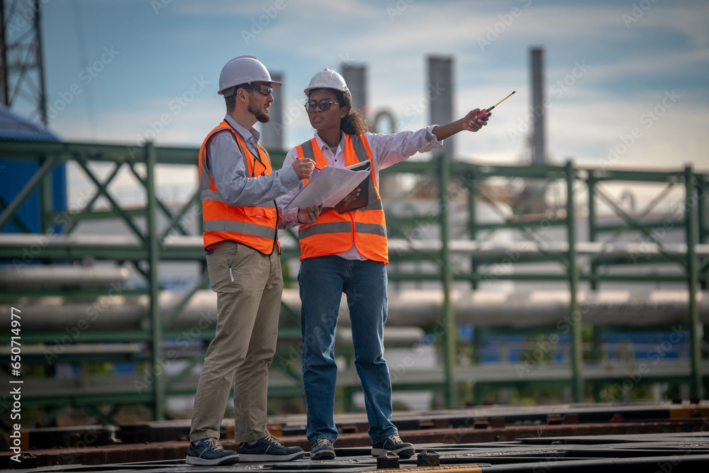 Engineers survey team wearing safety uniform and helmet under ...
