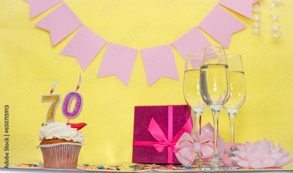 Date of birth with number 70. Festive pudding pie with a candle. Happy ...