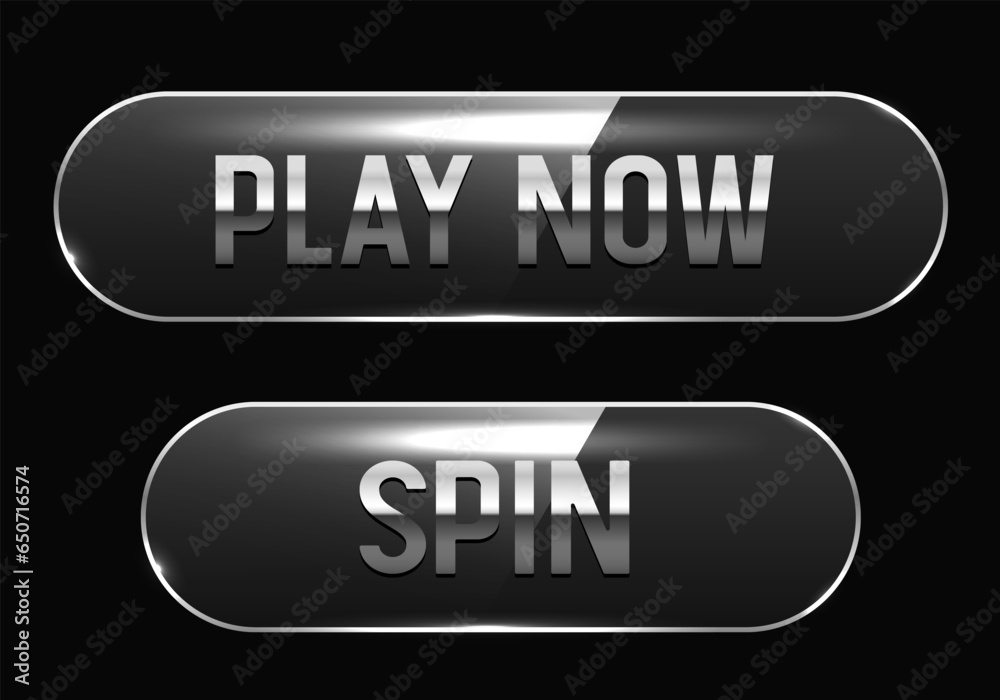 Spin and Play Now glass buttons. Vector clipart isolated on black ...
