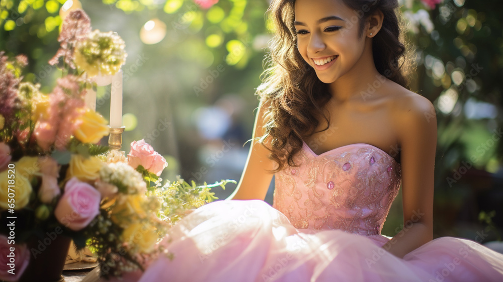 Pretty girl posing on her fifteenth birthday. Quinceañera (Quinceanera ...