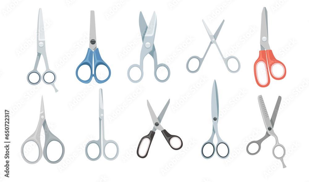 Set of different scissors models cutter tools simple cartoon design ...