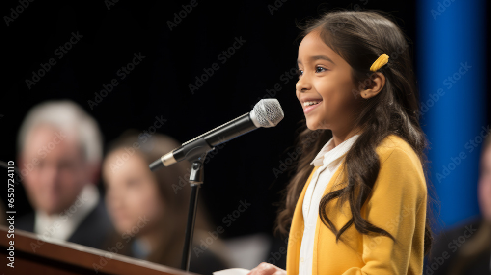 Young kid girl participating in a national spelling bee competition ...