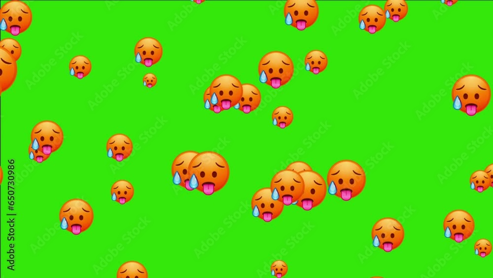 Hot emoji. Overheated emoticon, red face with tongue stuck out. Animated falling emojis. Social ...