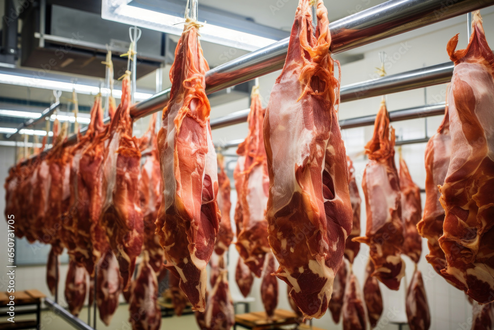 Meat processing plant. Hanging meat in the production hall. The arrival ...