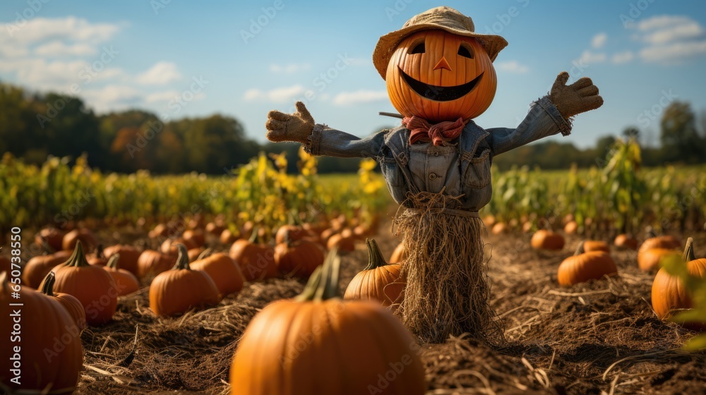 Funny scarecrow figure with a carved pumpkin head with smile stands ...