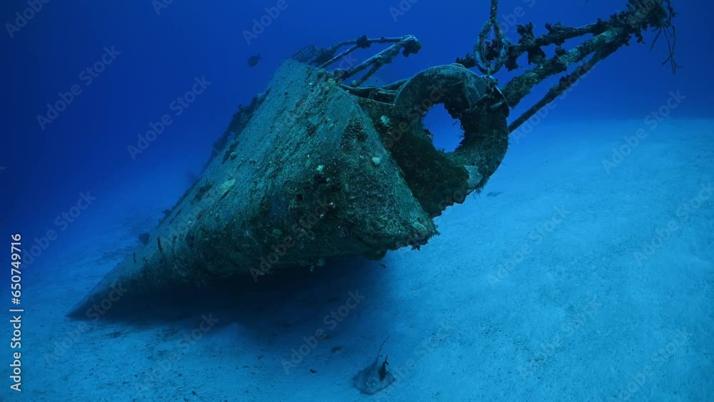 The bow of a sunken shipwreck in Cayman Brac. The submerged warship ...