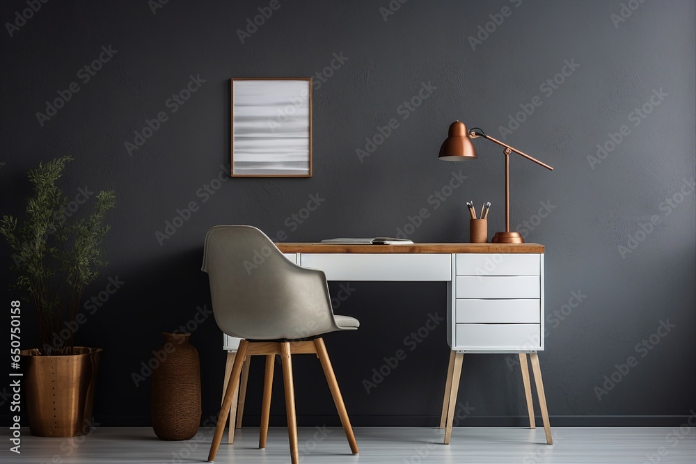 Scandinavian work corner, A white chair at a wooden drawer writing desk ...