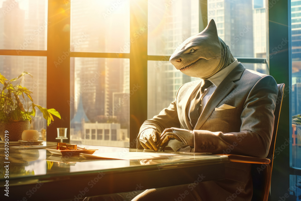 Shark like a confident businessman sits at table in the office. Sunset ...