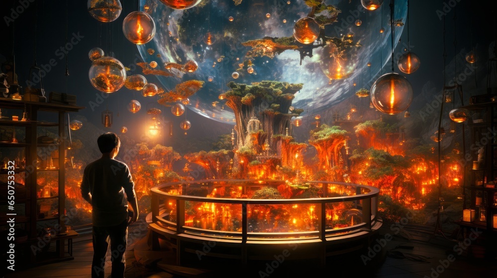 In a surreal room, a man stands amid floating objects and a central ...