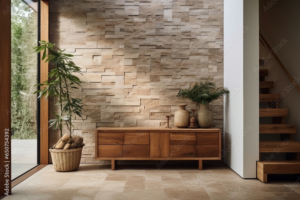 A white sofa and hand-crafted coffee table stand against a stone ...