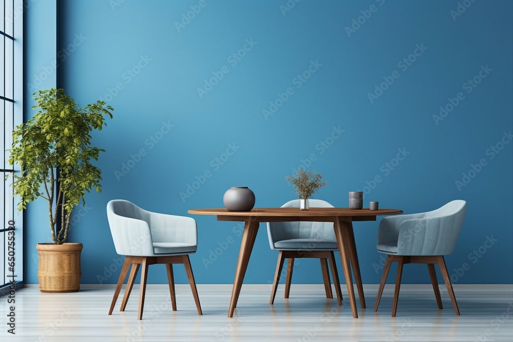 A round wooden dining table surrounded by barrel chairs, set against a ...