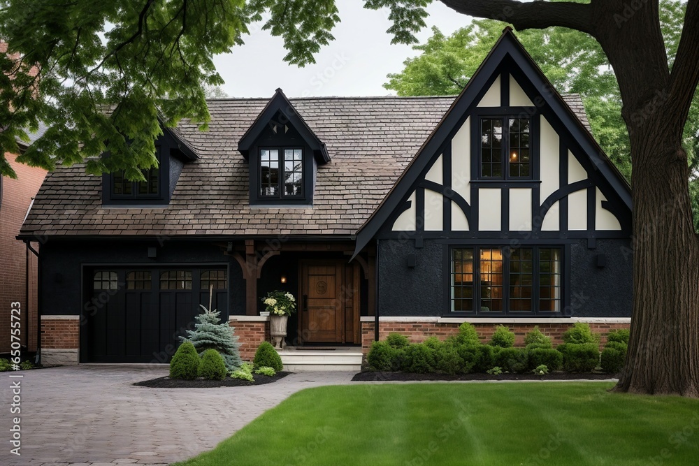 Tudor style family house exterior featuring a gable roof and timber ...