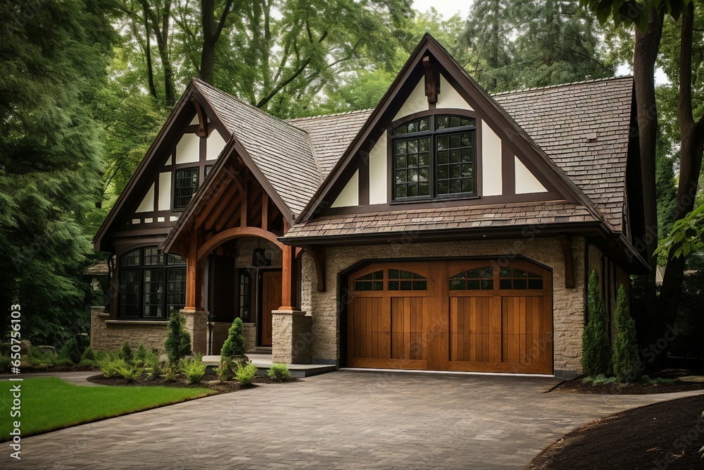 Tudor style family house exterior featuring a gable roof and timber ...