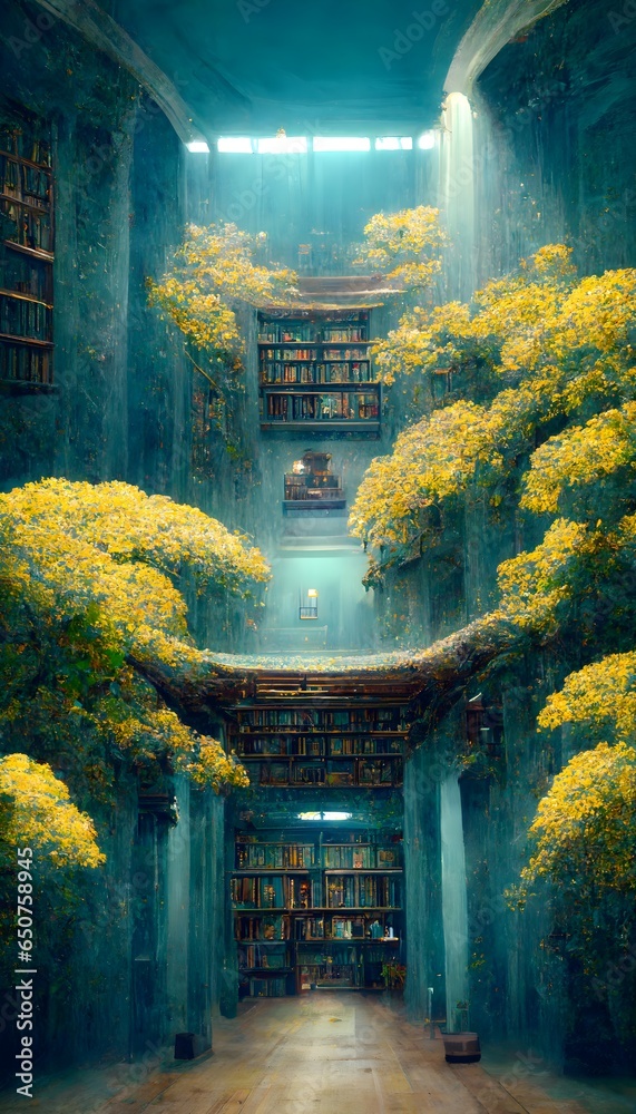 library interior a photorealistic magical ancient library from a ...