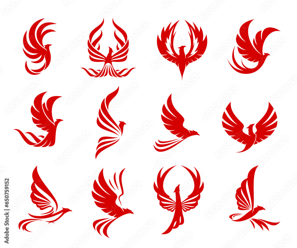 Red phoenix bird icon with fire wings and flaming feathers. Vector ...