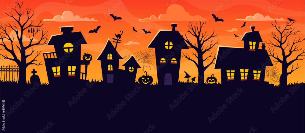 Halloween town silhouette of night city street landscape. Vector houses ...