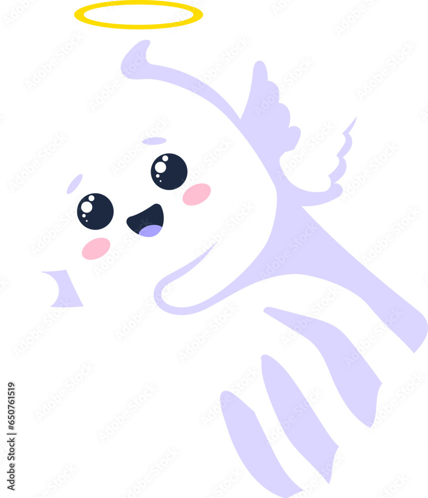 Halloween kawaii ghost angel character with white wings, halo, rosy ...