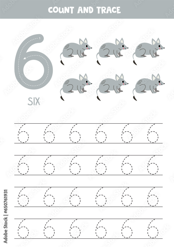 Trace numbers. Number 6 six. Cute cartoon bandicoot. Stock Vector ...
