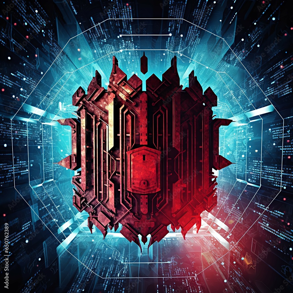 Composite image featuring a digital shield or fortress surrounding a ... Composite image featuring a digital shield or fortress surrounding a ...