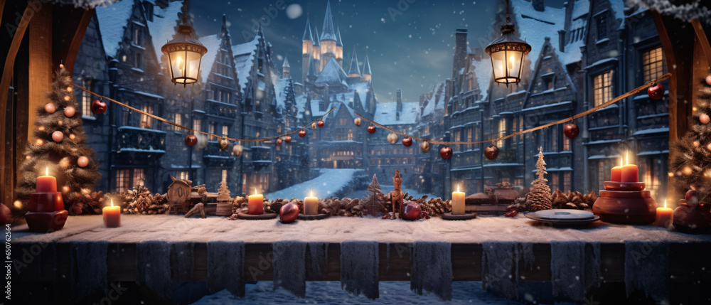 A large Christmas table decorated with candles and a Christmas trees in ...