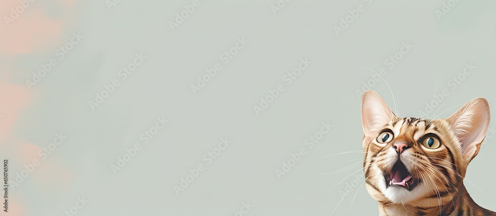Pleading light brown and cream Bengal cat isolated pastel background ...