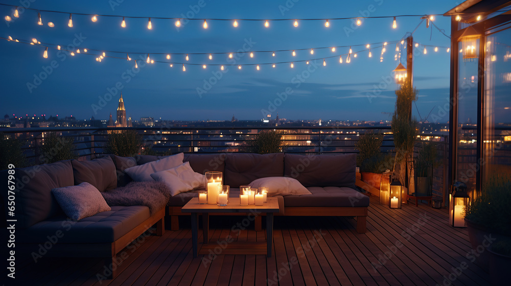 Roof terrace of a beautiful house with night-time view of the city ...