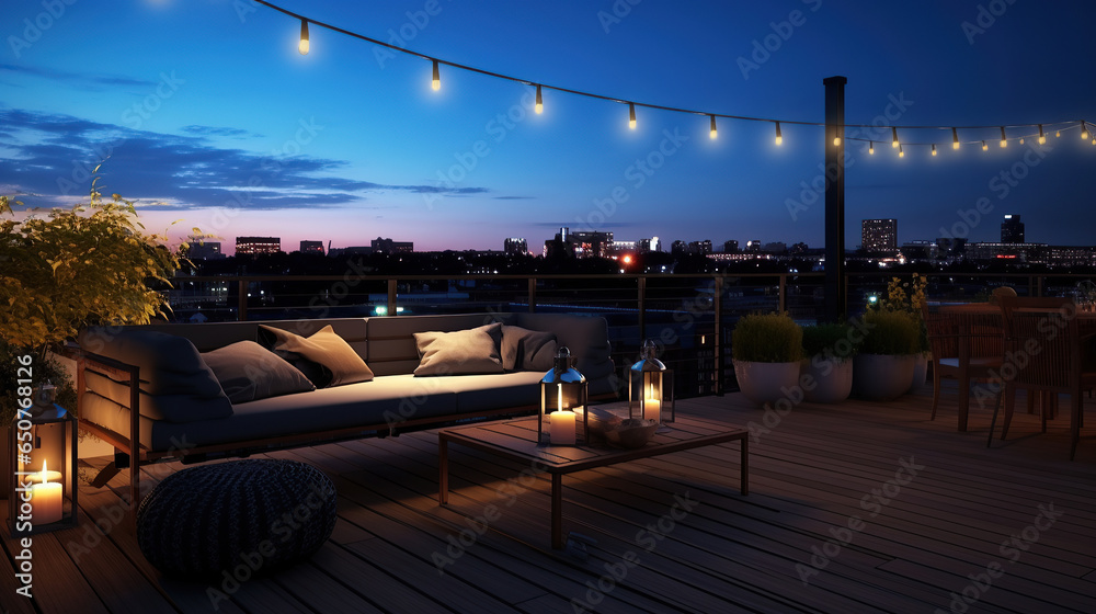 Roof terrace of a beautiful house with night-time view of the city ...