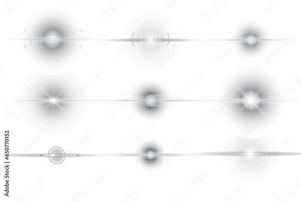 Special effect with rays of light and magic sparkles. White horizontal ...