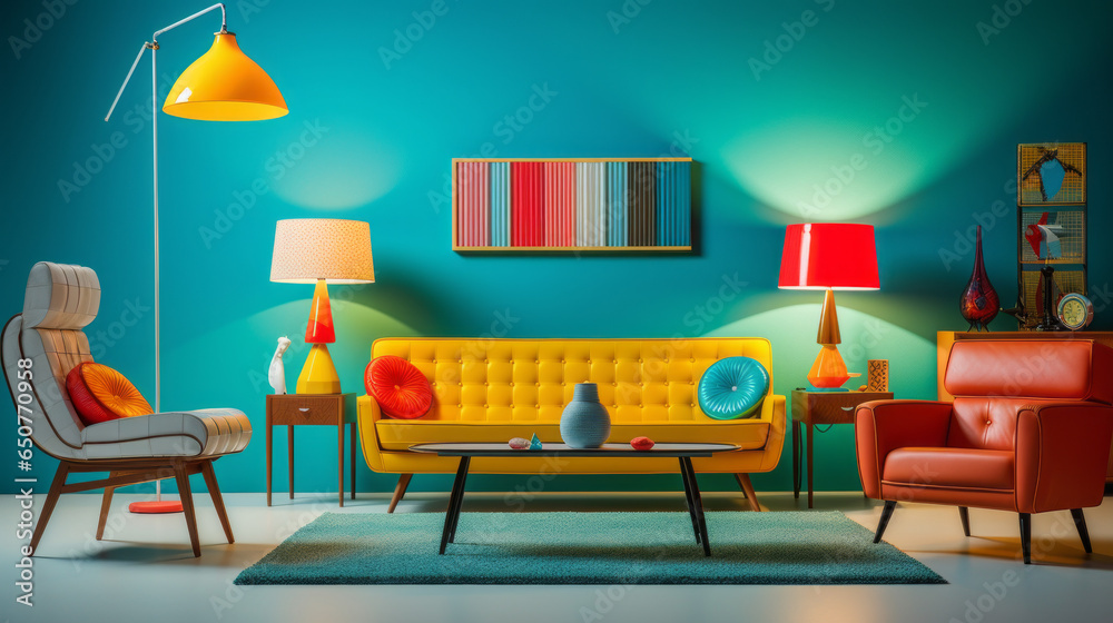 Colorful Mid-Century Revival: A vibrant room with mid-century modern ...