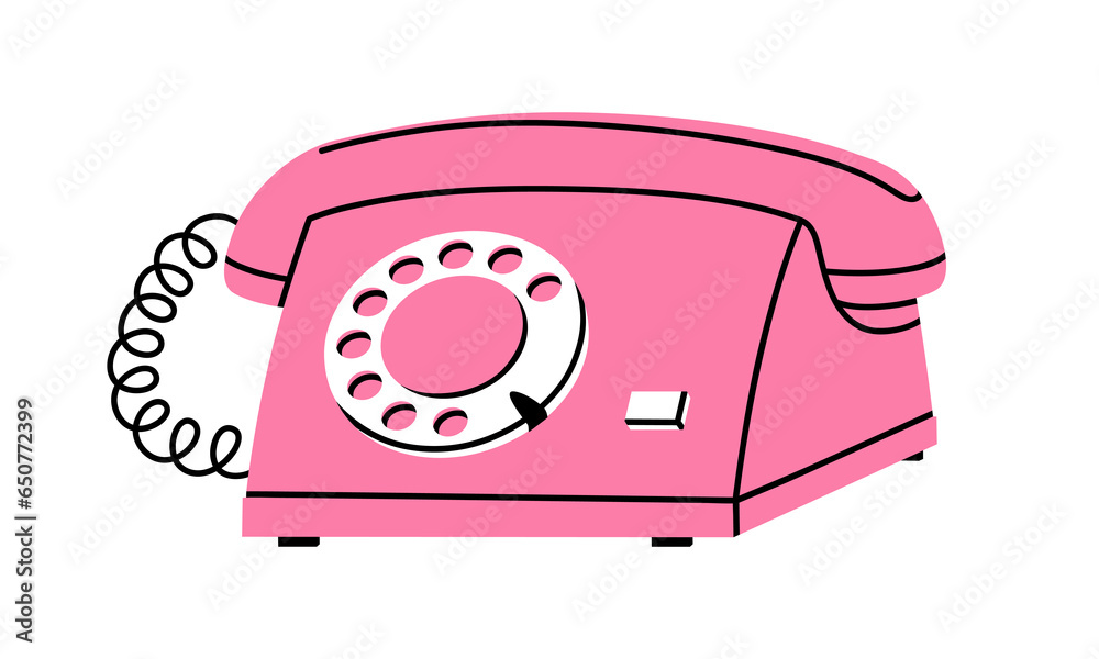 Hand drawn cute cartoon illustration of pink retro wired phone. Flat ...
