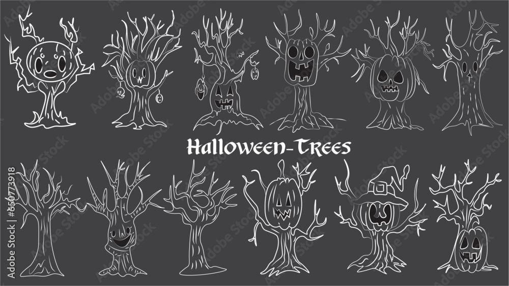 Collection of drawings of Halloween trees. The drawings style are all ...