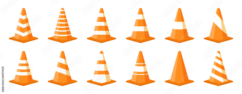 Orange construction or traffic cone collection in a flat design ...