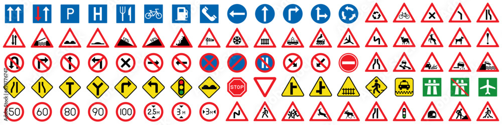 Road traffic sign collection. Road warning, mandatory, prohibition and ...