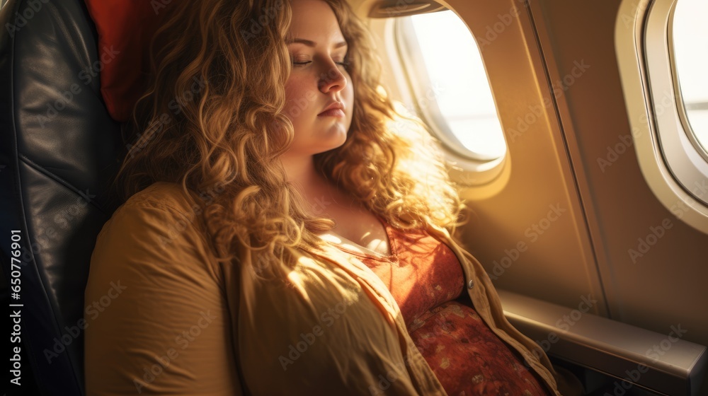 Plus size woman on an airplane. Overweight girl sleeping in an airplane ...