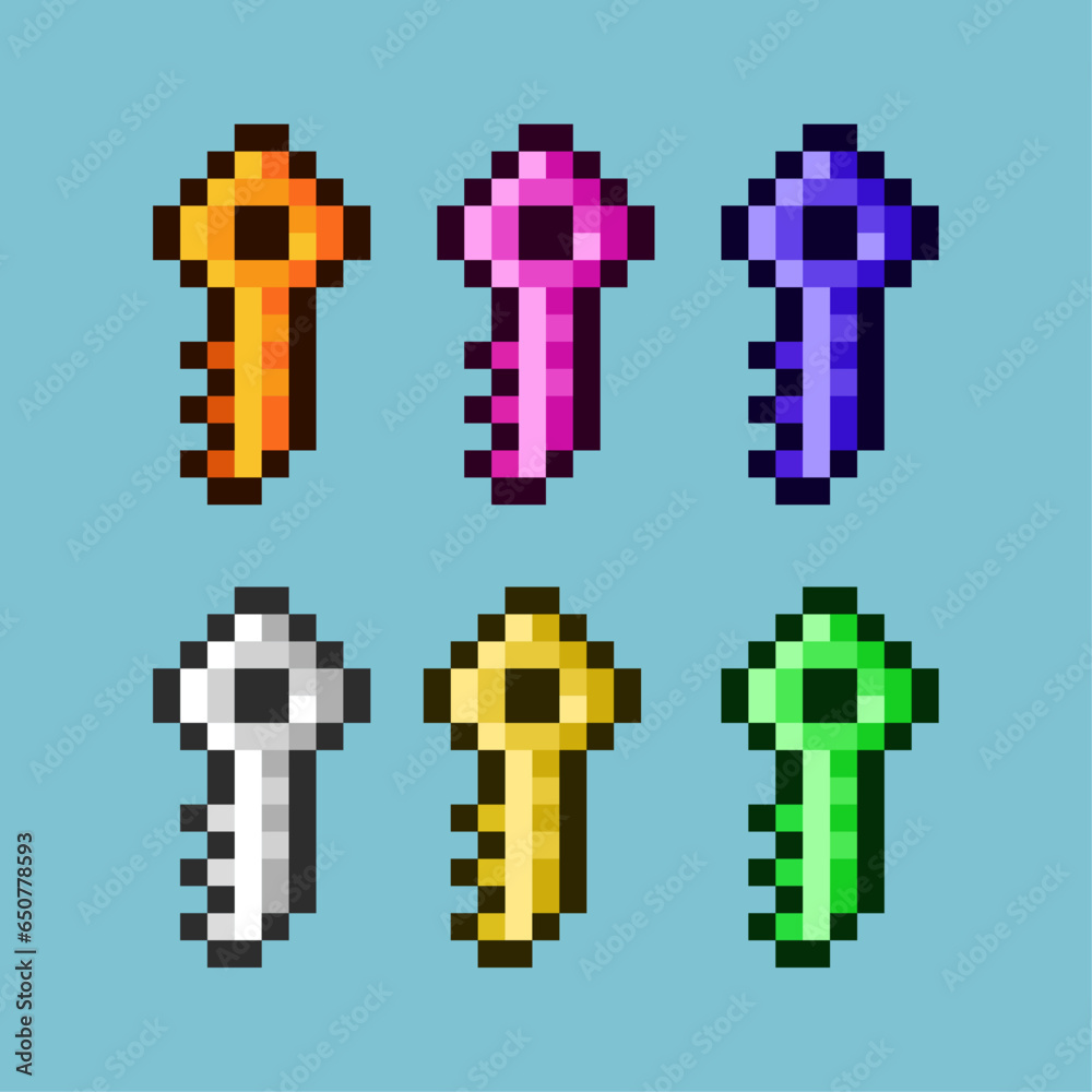 Pixel art sets of key chest rpg loot with variation color item asset. simple bits of keys on ...