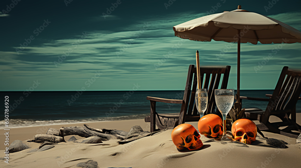 Halloween party on the beach - spooky and scary - skulls - skeletons ...