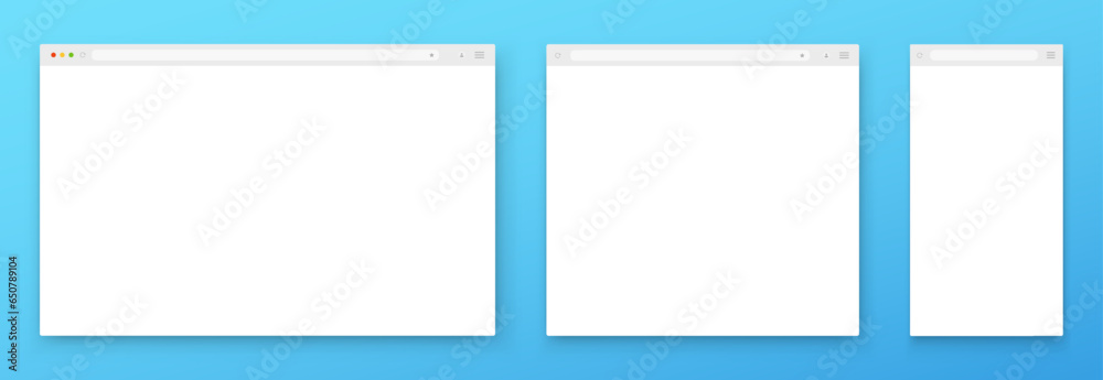 A set of white browser windows of different shapes on a blue background. Website layout with ...