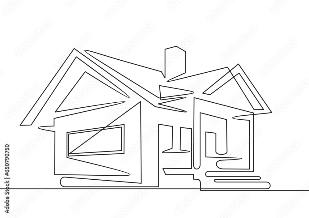 The house is drawn by one black line on a white background. Continuous ...