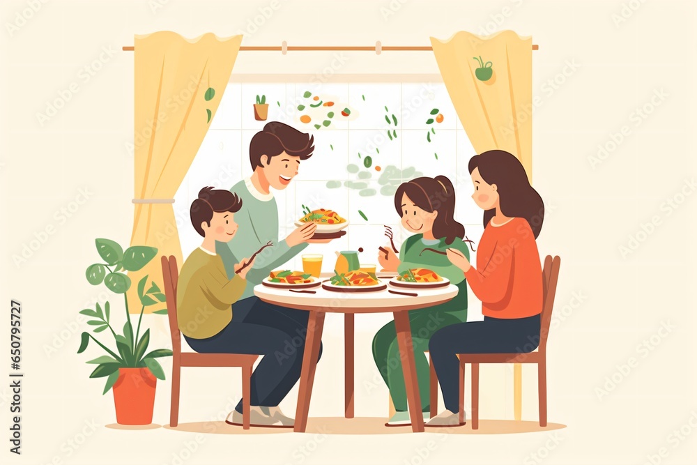 Anime cartoon illustration of a family eating together on a dinner ...