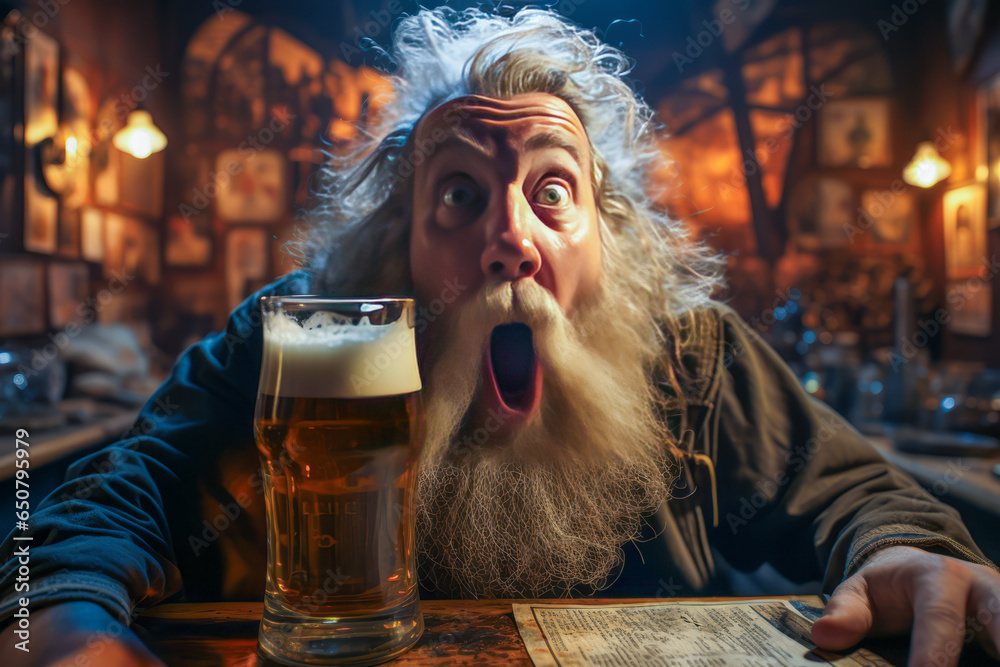 Unexpectedly captivating man, shocked in tavern with beer mug, facial ...