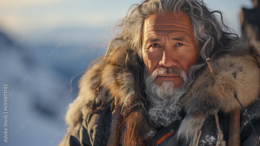 Mesmerizing Inuit elder exuding Arctic wisdom, enveloped in parka ...