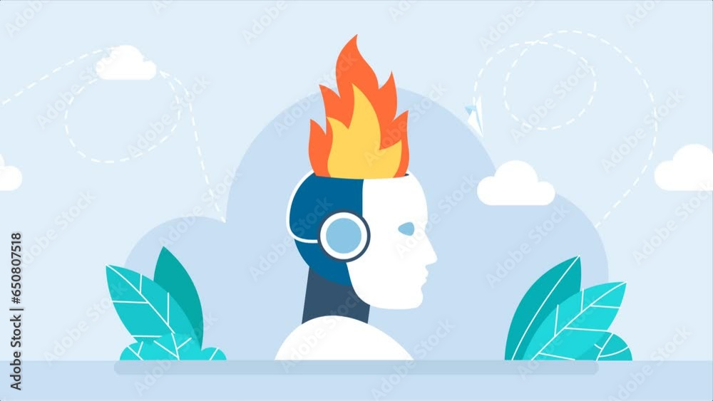 A fire in a robot's head. Artificial brain glitch and exploded. Cyborg ...