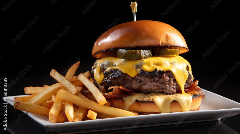 Triple Cheeseburger with Truffle Fries A towering stack of three juicy ...