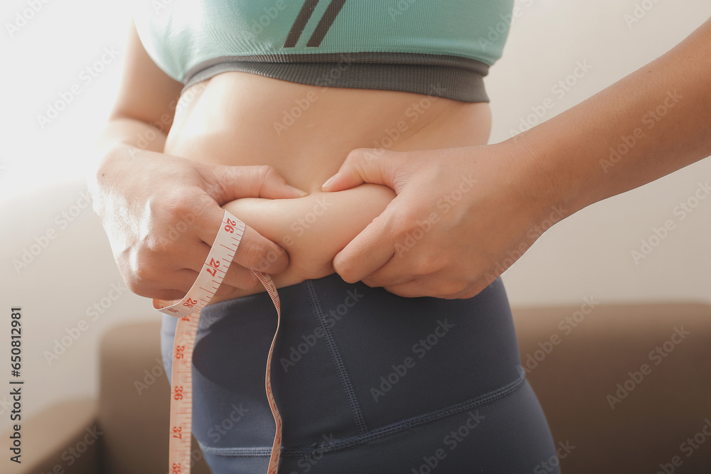 Women body fat belly. Obese woman hand holding excessive belly fat ...