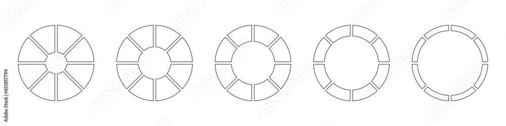 Wheels round divided in ten sections. Outline donut charts or pies ...