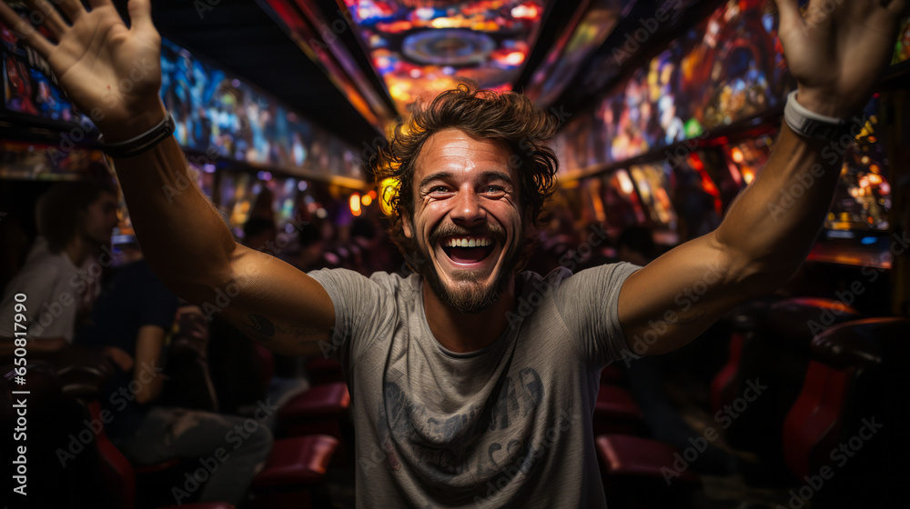 Exciting image of a joyous arcade gamer in a bowling alley, giving ...