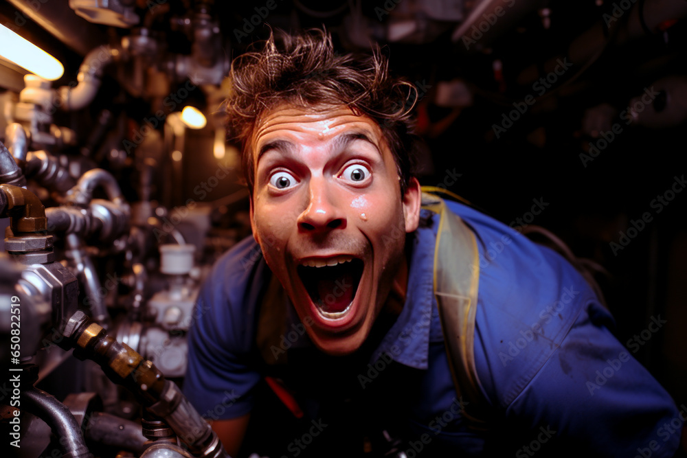 Shocked plumber entranced by an unexpected maze of leaking pipes ...
