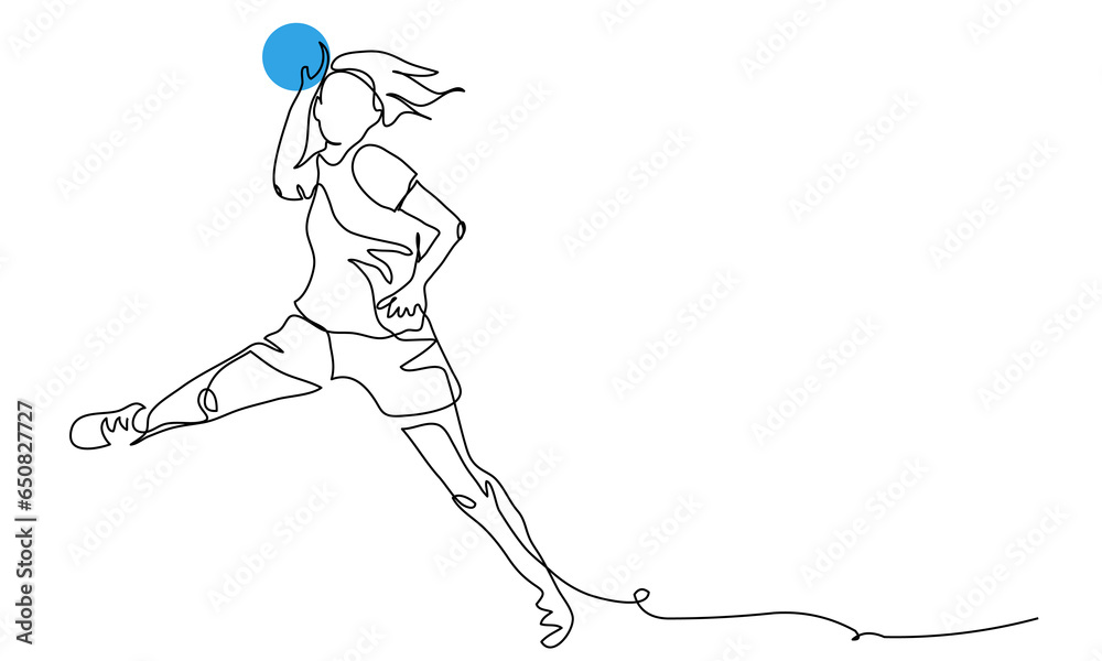 Handball player female throws the ball. One continuous line art drawing ...