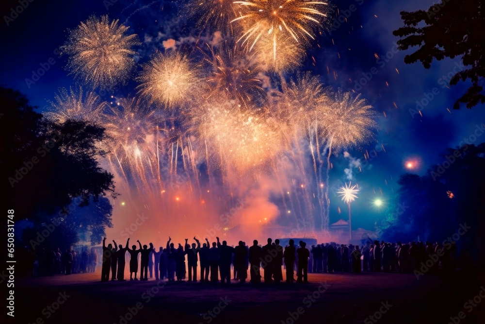 Diwali fireworks on night sky at Hindu festival of lights celebration ...