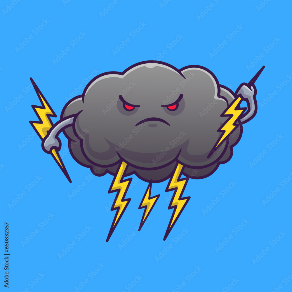 Cute Angry Cloud Storm With Thunder Cartoon Vector Icon Illustration ...